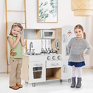 Costzon Kitchen Playset for Kids, Wooden Pretend Cooking Kitchen w/Utensils, Oven, Cabinets, Faucet, Sink & Telephone, Toddlers Play Kitchen Set with Accessories Gift for Age 3+ (Natural)