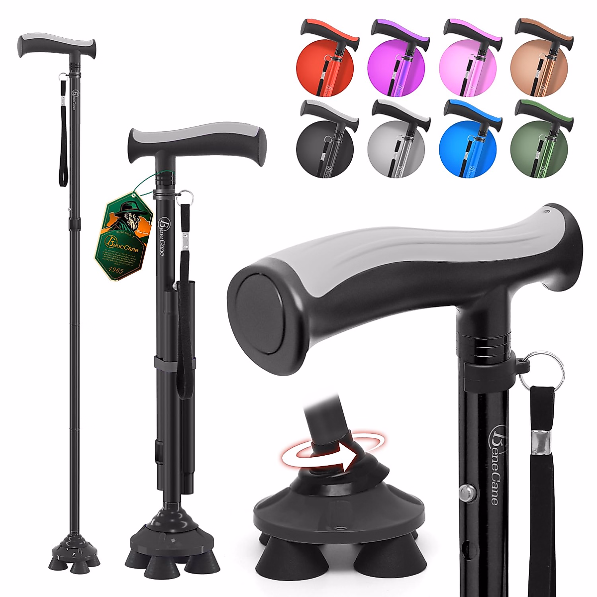 BeneCane Walking Cane for Men & Women Walking Stick for Seniors Folding Canes Quad Cane Adjustable Lightweight Sturdy Collapsible Heavy Duty with Soft TPR T-Handle and Travel Bag