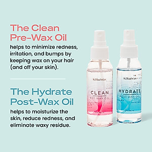 Clean & Hydrate At Home Waxing Kit Oils – Pre Wax Cleanser Preps & Protects Skin – Post Body & Facial Wax Oil Soothes, Reduces Redness, Removes Residue – Make Hair Removal Easy by KoluaWax, 3 Oz. Each