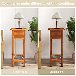 Giantex Narrow End Table with Drawer, Tall Acacia Wood Side Table with Bottom Shelf, Modern Bedside Tables, 2-Tier Nightstand for Small Spaces Bedroom Living Room, No Assemble Required, Brown