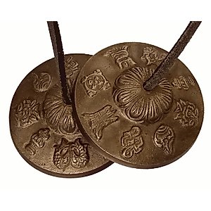 Purpledip Brass Tingsha Bell Holy Symbols: Buddhist Tibetan Handheld Cymbals Chimes Manjeere Musical Instrument For Prayer Meditation, 3 Inches (10679)