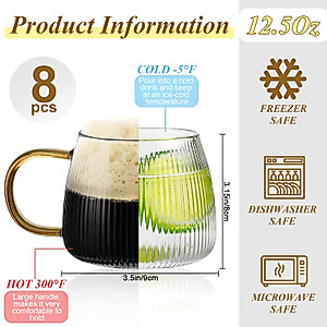 8 Pcs Glass Coffee Mugs 12.5 oz Clear Mugs for Hot Beverages Ribbed Espresso Cups Glass Coffee Cups in Vertical Stripes with Light Yellow Handle Vintage Glass Coffee Cups for Tea Latte Milk Juice