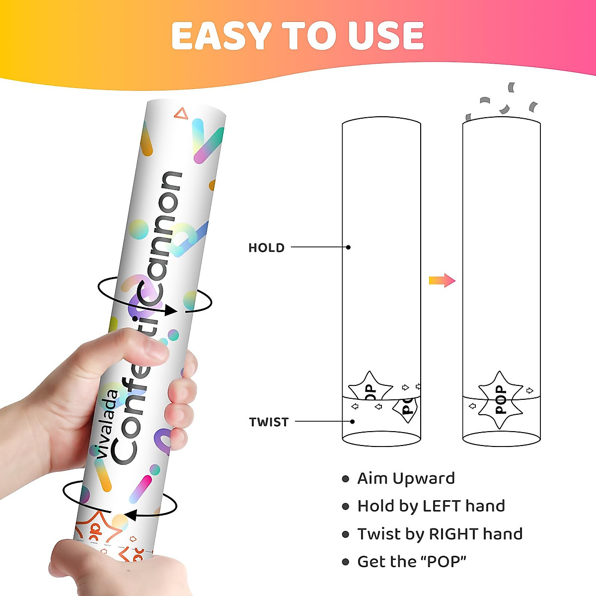 Vivalada 6 Pack Confetti Cannon - Pink, Rose Gold and White Foil Confetti Party Poppers, 12 Inch Confetti Poppers for Graduation, Birthdays Party, Weddings, Christmas New Year Eve Party Supplies