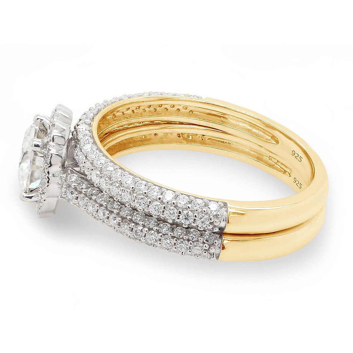 SAVEARTH DIAMONDS 1 1/2 ct. t.w Center 6MM Round Cut Lab Created Moissanite Diamond Double Halo Bridal Set Ring in 14k Yellow Gold Over Sterling Silver (VVS1 Clarity, 1.50 Cttw)-8.5