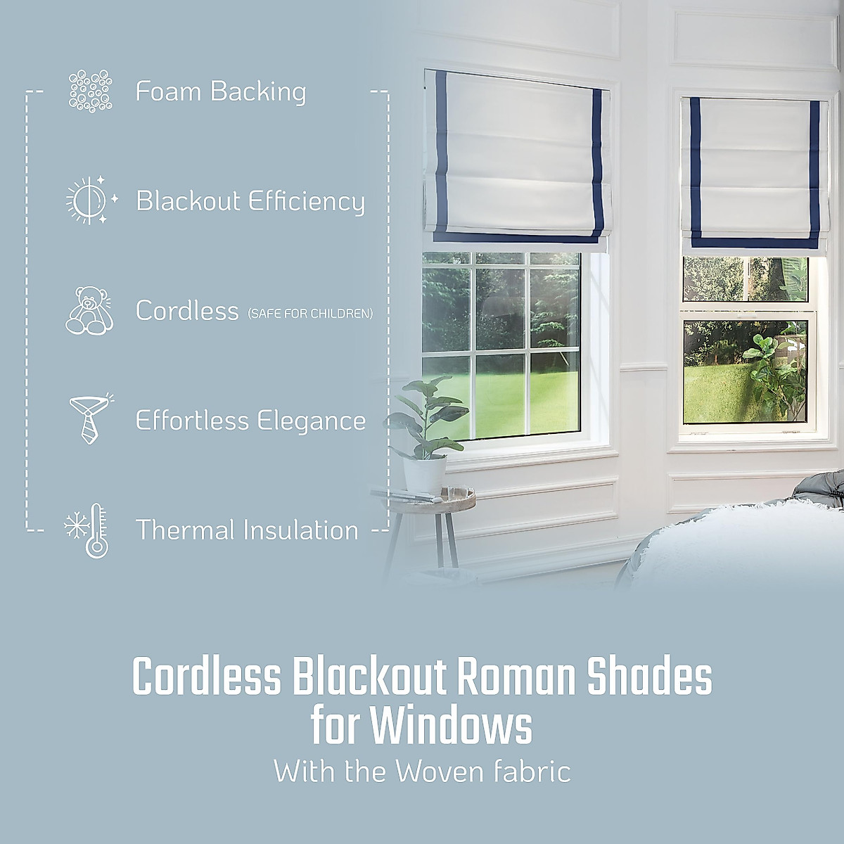 Everyday Celebration Roman Shades for Windows, 100% Blackout Shades, Cordless Pull Down Window Shades, Shades for Indoor Windows, Ribbon Border Blinds & Shades, (Navy) 36" W X 64" H
