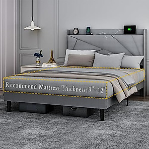 LEMBERI Queen Size Bed Frame with Storage Headboard,Upholstered Platform Bed Frame with Charging Station,Heavy Duty Mattress Foundation with Wooden Slats,No Box Spring Needed, Noise-Free