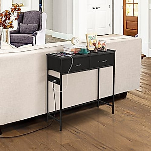 Narrow Console Table with Drawers Black Entryway Table with Storage Shelves Behind Sofa Table with Outlet for Living Room Bedroom Couch Hallway, Black