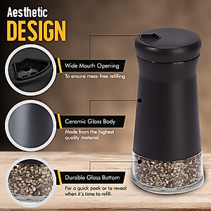 The Original Salt and Pepper Shakers set - Black -Spice Dispenser with Adjustable Pour Holes - Stainless Steel & Glass - Set of 2 Bottles