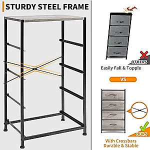 WELLJOYDIRECT Fabric Storage Drawer, Chest of Drawer Storage Tower, Tall Dresser for Bedroom,Hall, Entryway, Fabric Organizer Unit with Sturdy Steel Frame,Wood Top,4 Fabric Bins,Easy Pull Handle Gray