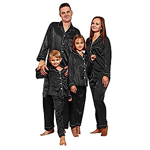 Christmas Pajamas for Family Silk Satin Matching Pajamas Couples Loungewear Festival Party Sleepwear with Button Kids Black
