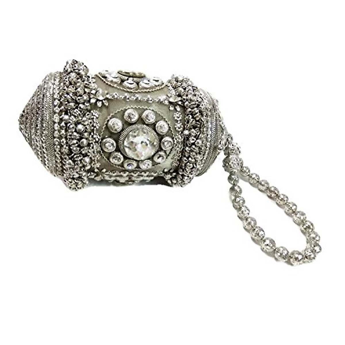 Women/Girl Bridal Party Bag Clutch Handmade metal Potali Handbag purse Hand clutch fully beaded Crystal Rhinestones (Silver)
