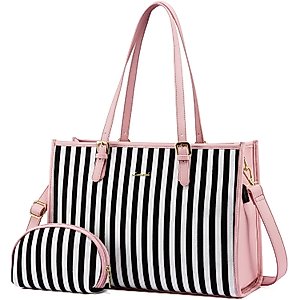 LOVEVOOK Women's Tote Bag - Large Capacity Handbag, Business Briefcase Travel Bag - 2 Pcs Set for 15.6-inch Laptop, Pink-Stripe