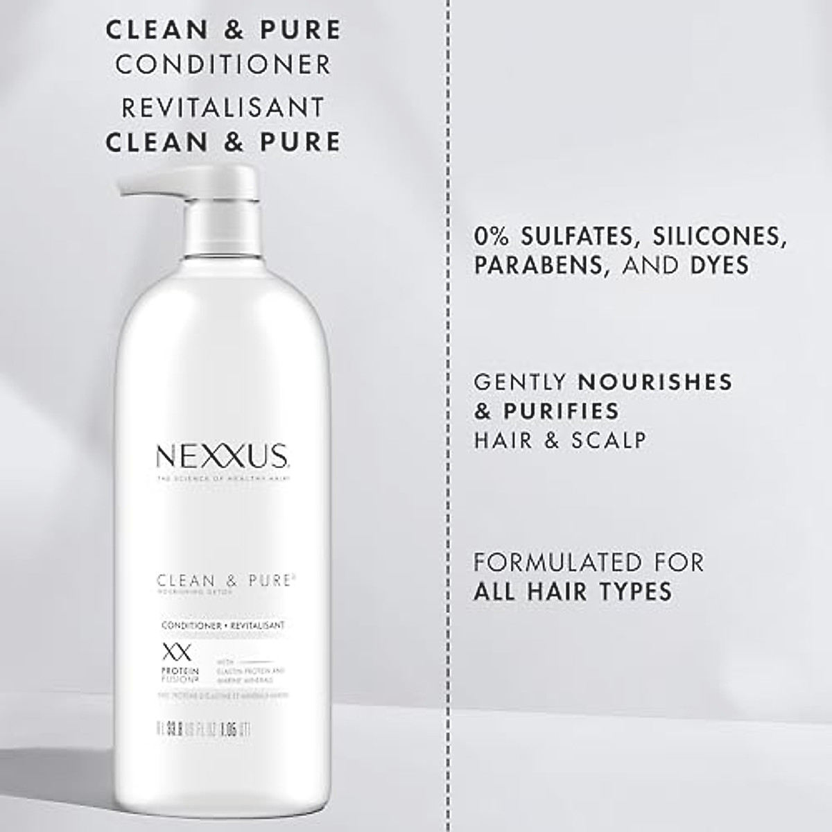 Nexxus Clean and Pure Conditioner, With ProteinFusion, Nourished Hair Care Silicone, Dye And Paraben Free 33.8 oz