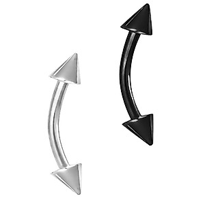 Forbidden Body Jewelry Set of 2: 16g 8mm Daith Earring, Eyebrow Ring and Rook Piercing, Double Spike Curved Barbells