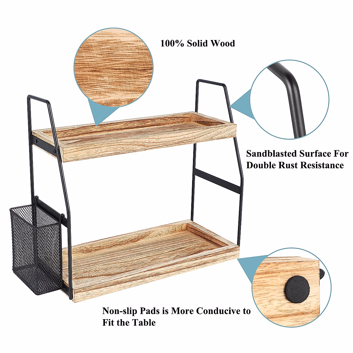 Uneviesyka Bathroom Counter Organizer, 2-Tier Standing Storage Shelf with Basket, Wood Tray for Skincare Vanity Organizer