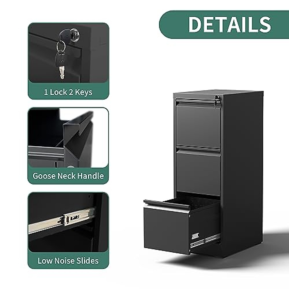 BIZOEIRON 3 Drawer File Cabinet with Lock, Metal Vertical Filing Cabinets for Home Office, Steel Storage Cabinet for Hanging Legal/Letter Size Files, Assembly Required (Black)