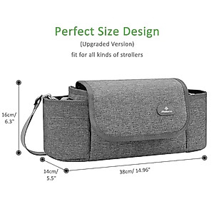 PHILORN Stroller Organizer Bag, Universal Stroller Organizer with Insulated Cup Holder, Grey Stroller Caddy Organizer with Detachable Shoulder Strap & Large Space