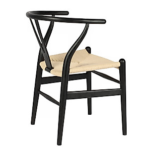 Polynices Wishbone Chair, Weave Modern Solid Wood Mid-Century Y Shaped Backrest Dining Chair (Black + Natural Set of 2)
