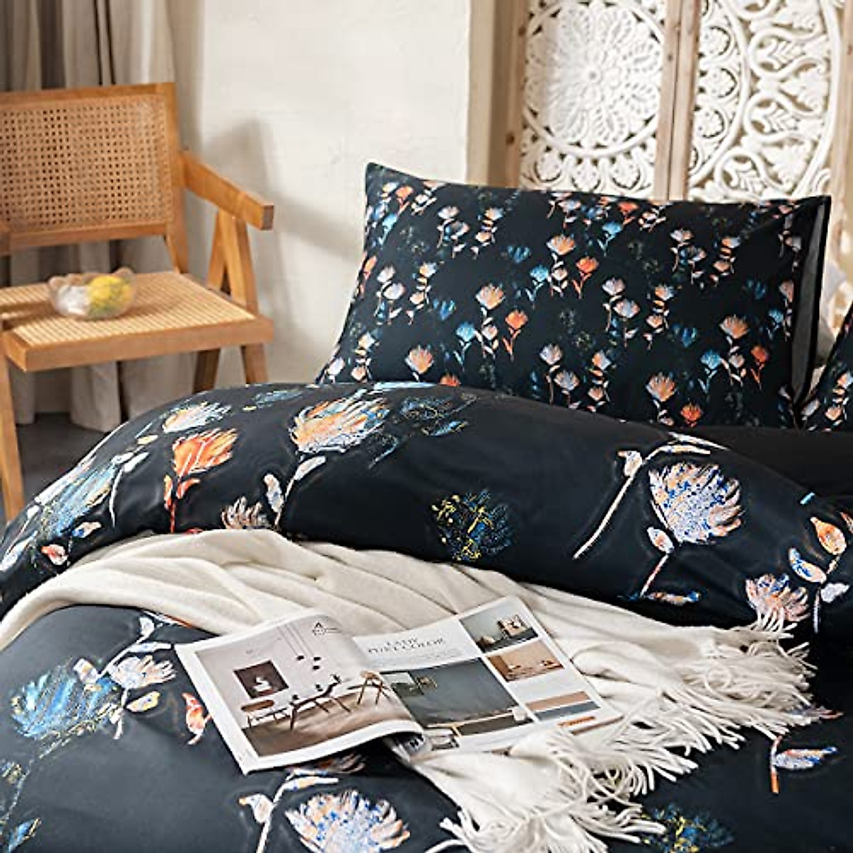 Sheleep Black Floral Duvet Cover Set 3 Pieces Bedding Soft Lightweight Brushed Microfiber Bedding , 1 Duvet Cover 2 Pillow Shams, Queen, Colorful Leaf