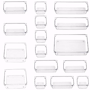 16 PCS Clear Plastic Drawer Organizers Set,5-Size Versatile Bathroom and Vanity Drawer Organizer Trays, Storage Bins for Makeup, Jewelries, Kitchen Utensils and Office