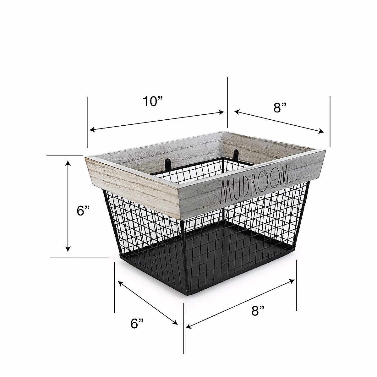 Rae Dunn Mudroom Wire Storage Basket – Metal and White Wash Wood Bin – Decorative Storage Bin for Mudroom, Entryway, Closet, Shoes, and More – Mudroom Ideas