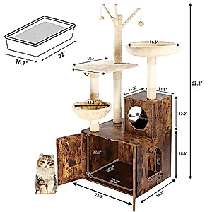 Timberer Litter Box Enclosure with Cat Tree, Wooden Cat House with Cat Tree Tower, Hidden Cat Litter Box Furniture with Scratching Post, Modern Cat Condo, Rustic Brown