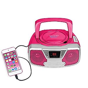 Riptunes CD Player Portable Boombox - Portable Radio AM/FM, Bluetooth Boombox, with Aux-in, Programmable Player, Pink CDB232BT
