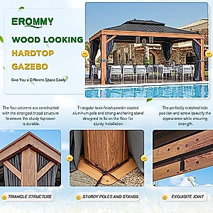 EROMMY 12'x16' Hardtop Gazebo Outdoor Aluminum Wood Grain Gazebos with Galvanized Steel Roof and Mosquito Net for Patios, Deck, Backyard, Curtains & Netting