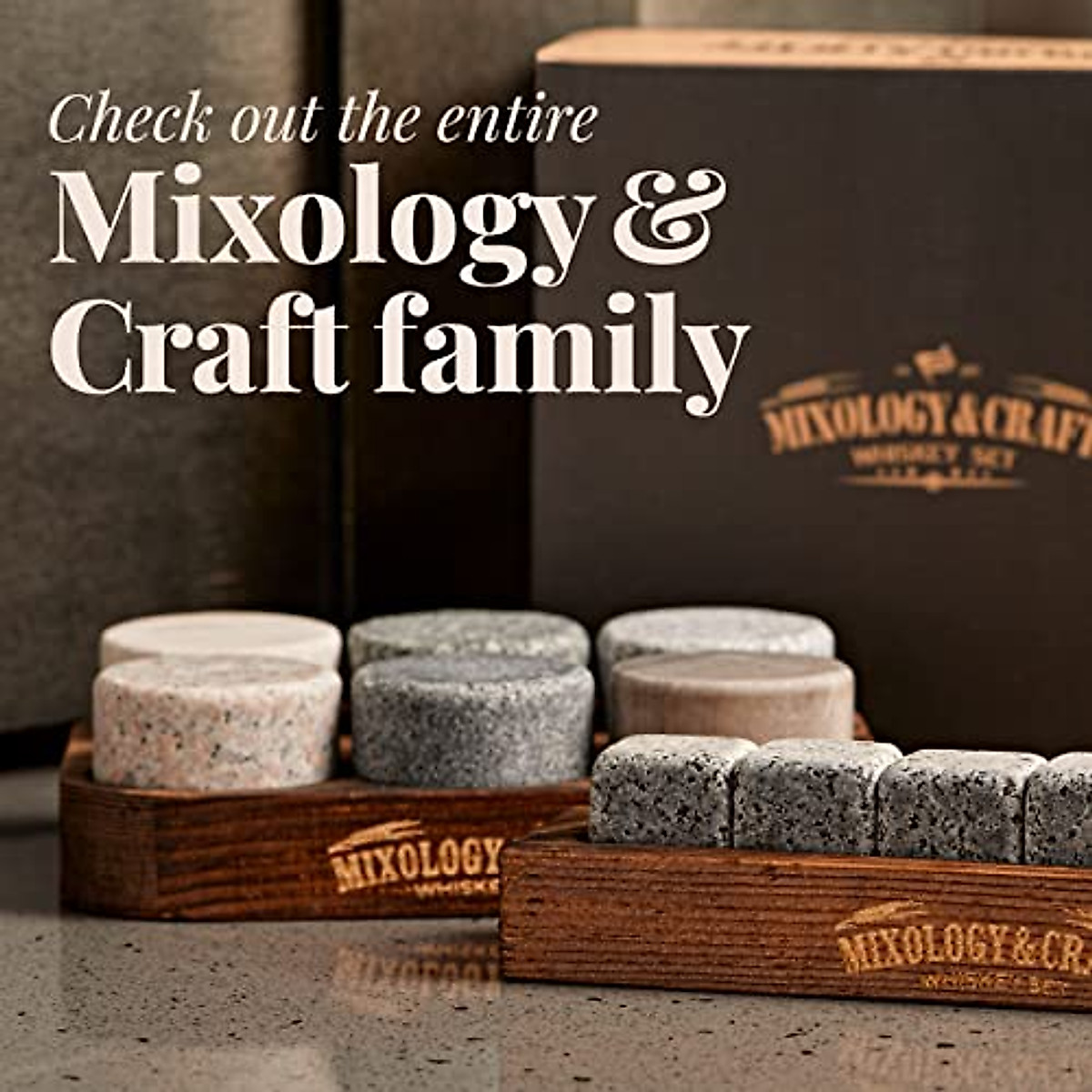 Mixology & Craft Whiskey Stones Set - 6 Circular Granite Bourbon Chilling Rocks - Great Whiskey Gifts for Men, Fathers, Groomsmen Gifts