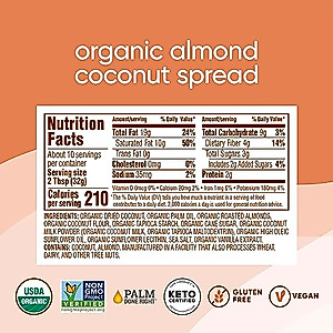 Nutiva Organic Almond Coconut Spread,11.5 oz (Pack of 2)- 3g Sugar Per Serving,Low Carb,Non-GMO, Gluten Free,Keto Certified, Paleo, Vegan, Smooth, No Stir