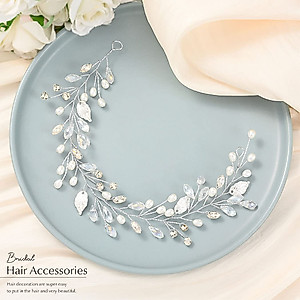 Catery Leaf Bride Wedding Headband Silver Crystal Pearl Hair Vine Braid Headpiece Bridal Hair Accessories for Women and Girls