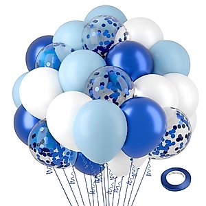 Blue and White Balloons Royal Blue Balloons 12inch 50pcs, Blue Confetti Balloon Blue and White Balloon Arch Kit Light Blue Baby Blue Ballons for Birthday Decorations Wedding Party Baby Shower