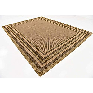 Unique Loom Outdoor Border Collection Area Rug - Multi Border (9' x 12' Rectangle, Light Brown/ Brown)