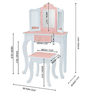 Teamson Kids Princess Gisele Twinkle Star Print 2-Piece Kids Wooden Play Vanity Set with Vanity Table, Tri-Fold Mirror, Storage Drawer, and Matching Stool, White with Pink and Gold Star Accent