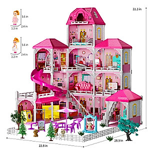 TEMI Villa Toys for 3 4 5 6 7 8 Years Old Girls - 4 Storeys 12 Rooms, Indoor Playset with 2 Dolls Toy Figures, Toys Furniture and Accessories, Pretend Girls Plays, Building Toys, Gifts Toy