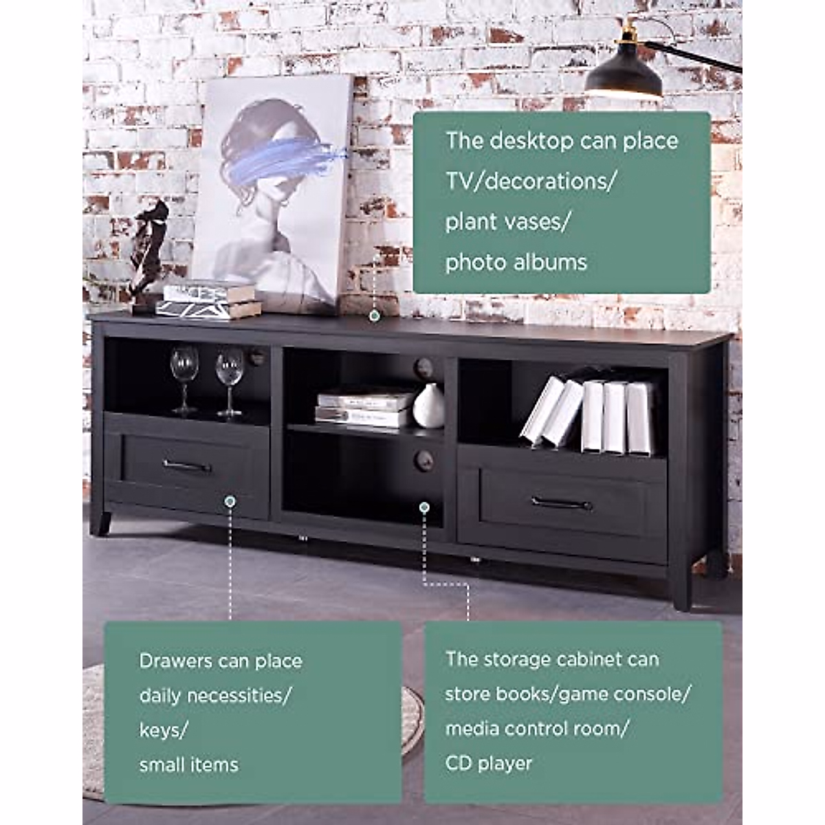 Black TV Stand for 80 75 70 65 60 Inch TV, Black Entertainment Center with Storage, Long Tall TV Stands for Living Room 75 Inch Black, 65 70 75 80 TV Stand with Storage for 65+ 75+ Inch TV for Bedroom