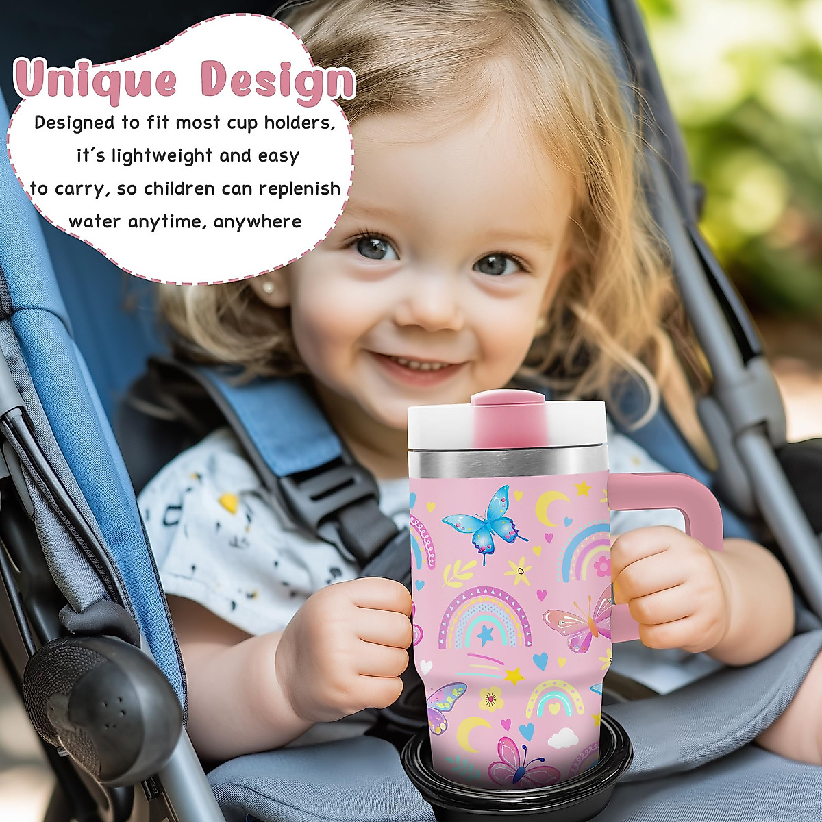 Butterfly Gifts for Girls, Rainbow Tumbler with Handle and Straw for Kids 14 oz, Birthday Gifts for Butterfly Lovers Girls, Insulated Stainless Steel Travel Mug for Toddlers