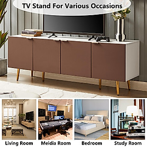 Vliekcy TV Stand for 70 Inch TV, Media Entertainment Center Console Table with Leaf Patterns Doors, Wooden TV Stand with Storage Cabinet for Media Room, Living Room-Cognac Tan & White