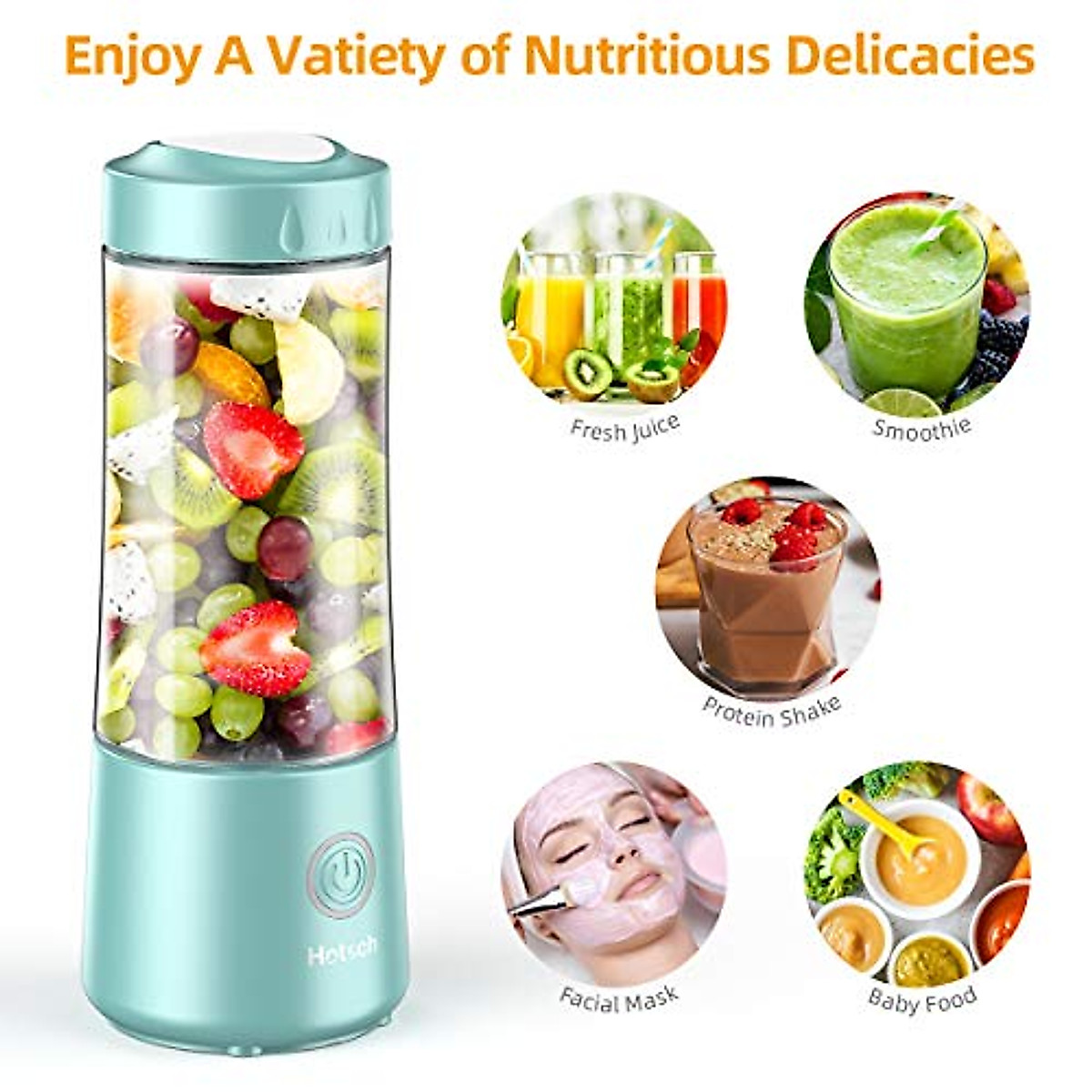 2021 Hotsch Portable Blender, 13.5 Oz Personal Size Juicer Cup for Smoothies and Shakes, USB Rechargeable with Six Blades, for Sports Travel and Outdoors - Blue