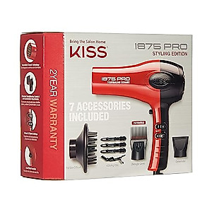 KISS 1875 Watt Pro Tourmaline Ceramic Hair Dryer, 3 Heat Settings, 2 Speed Slide Switch, Cool Shot Button, 2 Detangler Combs, 1 Concentrator, 1 Diffuser, Removable Filter Cap & 4 Sectioning Clips Red