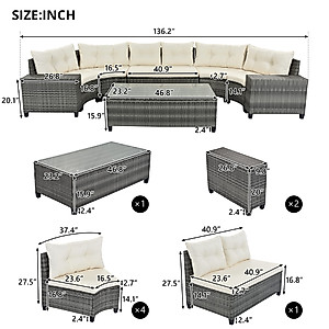 GLORHOME Half-Moon Outdoor Wicker Sofa Set 8-Piece Patio Furniture with Movable Cushion Coffee Table, Water-Resistant and UV Protected PE Rattan, Beige