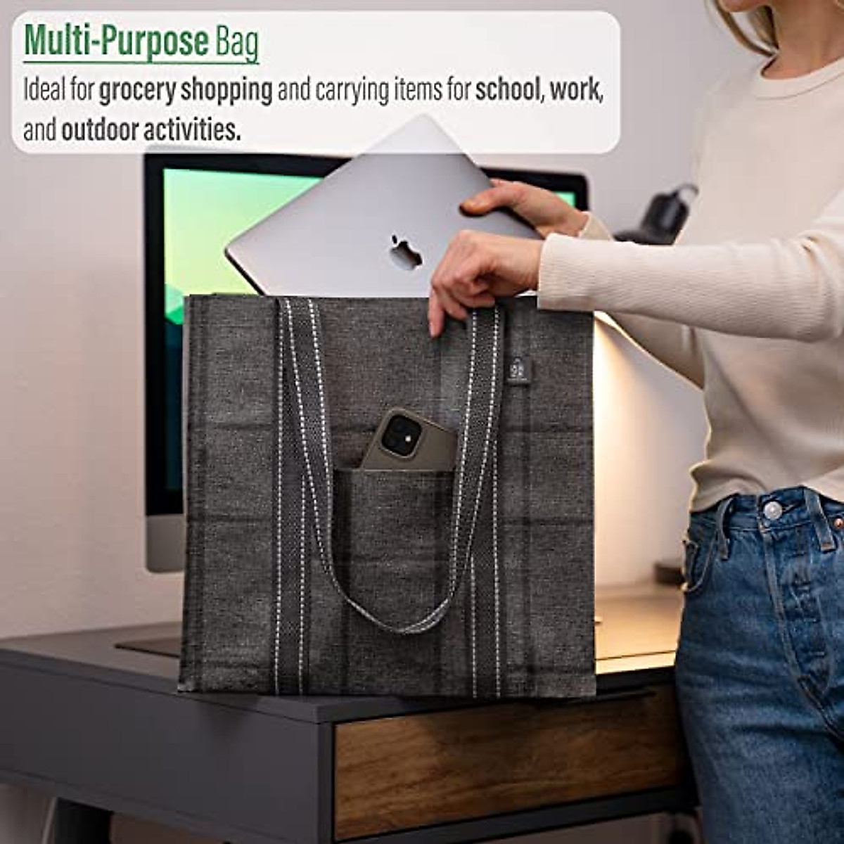 VENO 4 Pack Reusable Grocery Shopping Bag w/Hard Bottom, Foldable, Multi-Purpose Heavy-Duty Tote, Daily Utility Bag, Stands Upright, Sustainable (Set of 4 - Windowpane)