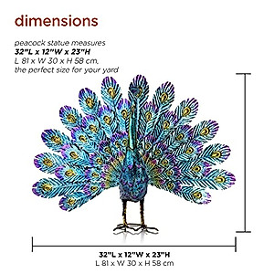 Alpine Corporation JUM232 Metal Peacock Outdoor Statue, 32" L x 12" W x 23" H, Multi-Color
