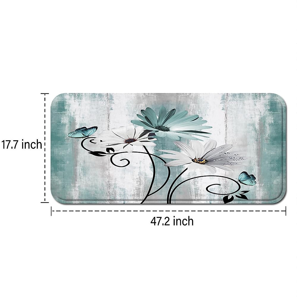 MIFSOIAVV Kitchen Mat,Rustic Farmhouse Farm Teal Daisy Floral Flowers and Butterfly on Country Wooden Turquoise Blue,Kitchen Floor Mat Anti Fatigue Standing Area Rug Non Slip Carpet 47.2''L x 17.7''W