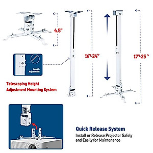 Projector Ceiling/Wall Mount White, Homcine Low Profile Universal Projector Holder/Bracket/Hanger Kit with Extendable Arm, Adjustable Height Pole Mount Drop Ceiling Quick Release For Epson Optoma Benq