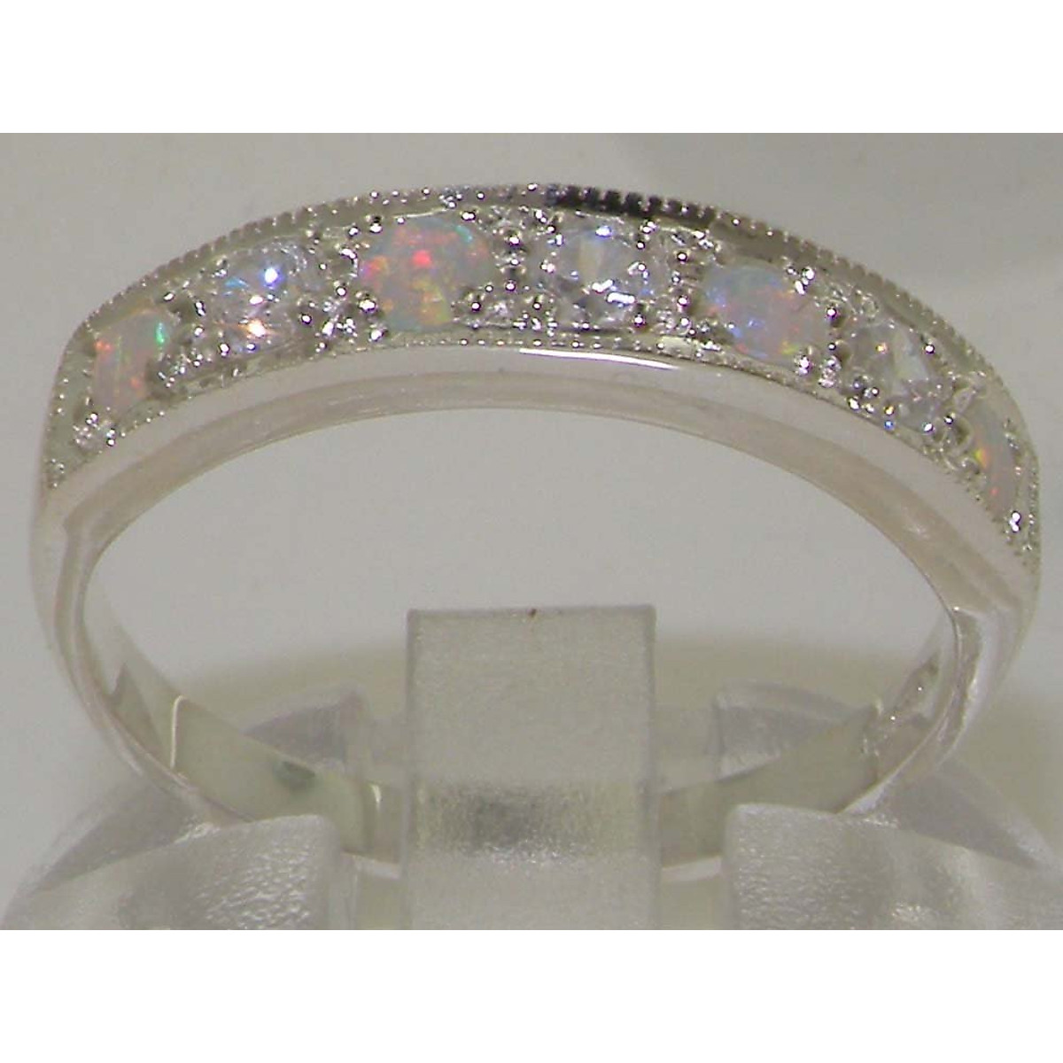 LetsBuyGold 14k White Gold Natural Diamond and Opal Womens Band Ring (0.18 cttw, H-I Color, I2-I3 Clarity)