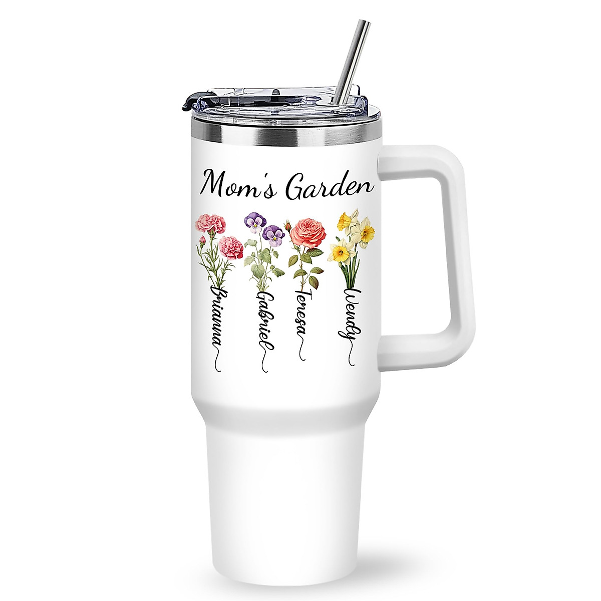 BMYDIY Mothers Day Birthday Gift for Mom Grandma, Personalized 40 Oz Tumbler with Handle and Straw, Customizable Extra Large Stainless Steel Insulated Cup Coffee Mug Travel Mug with Name Birth Flower