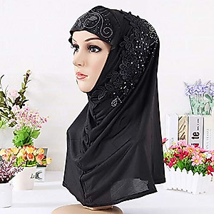Suillty Women One Piece Muslim Hijab Lace Applique Long Turban Islamic Full Head Scarf Shawls with Rhinestone (Black)