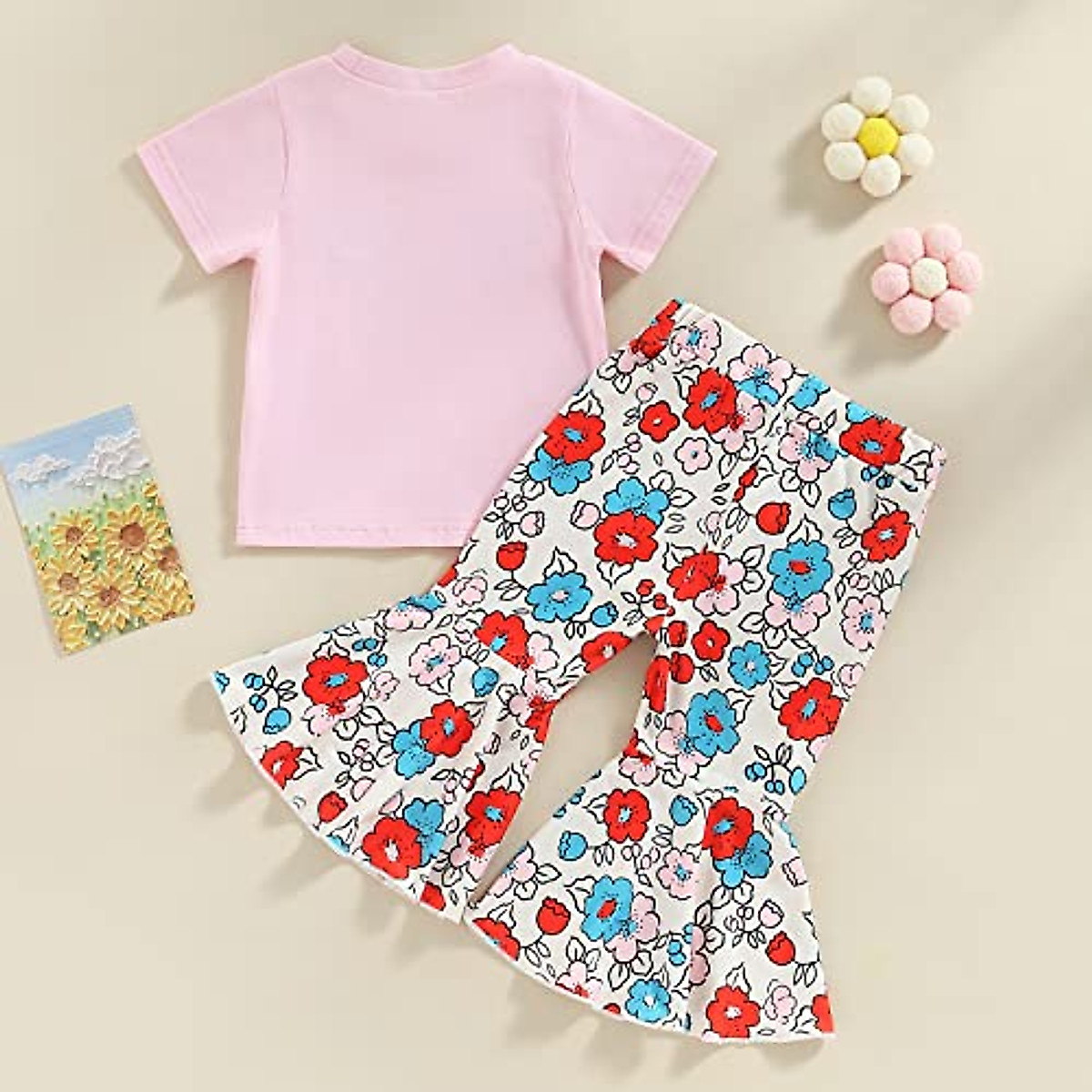 Toddler Baby Girl 2Pcs Summer Outfit Set Funny Letters Print T-Shirt Tops About Daddy Floral Flared Pants Clothes (Pink, 18-24 Months)