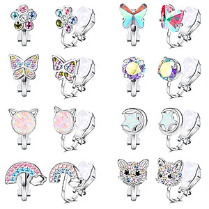 Thunaraz 8 Pairs Cute Clip on Earrings for Women Hypoallergenic Butterfly Flower Sparkled CZ Clip Earrings Women Multicolored Non-Pierced Earrings Set